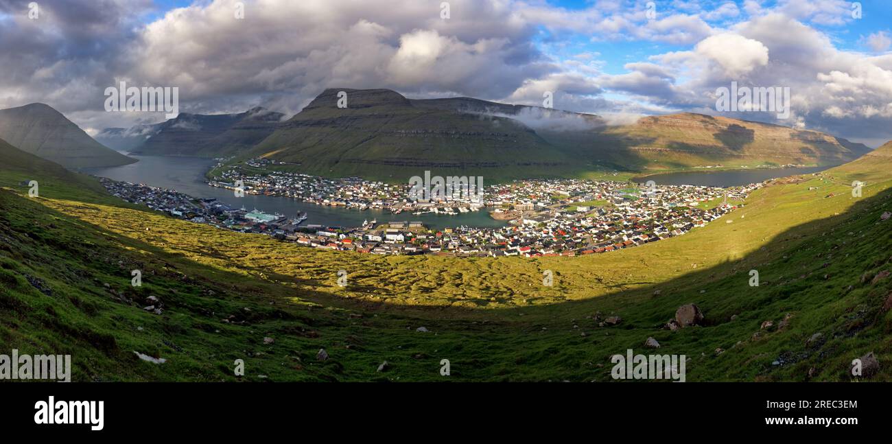 View from Klakkur mountain over the city of Klaksvik and the Atlantic ...