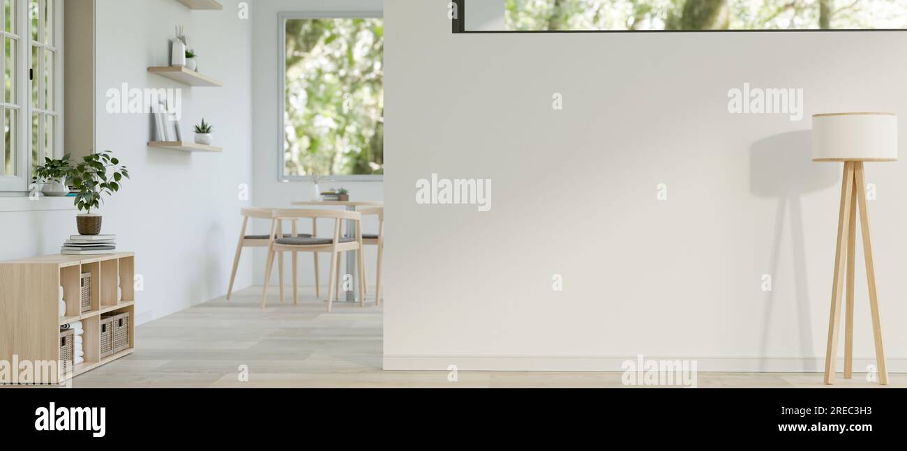 Interior design of a minimalist white room with wooden cabinet, a ...