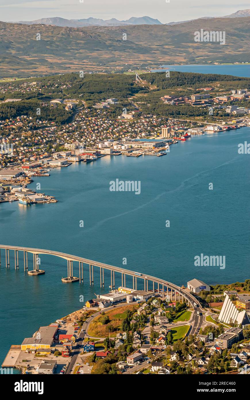 Aerial city view of Tromso City and the fjord seen from Mount ...