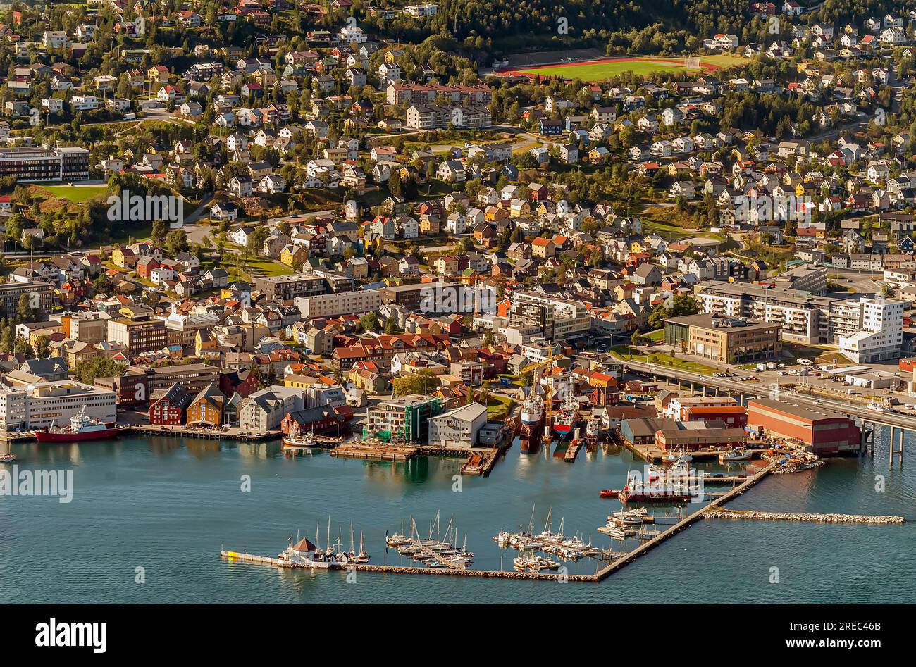 Aerial city view of Tromso City and the port seen from Mount ...
