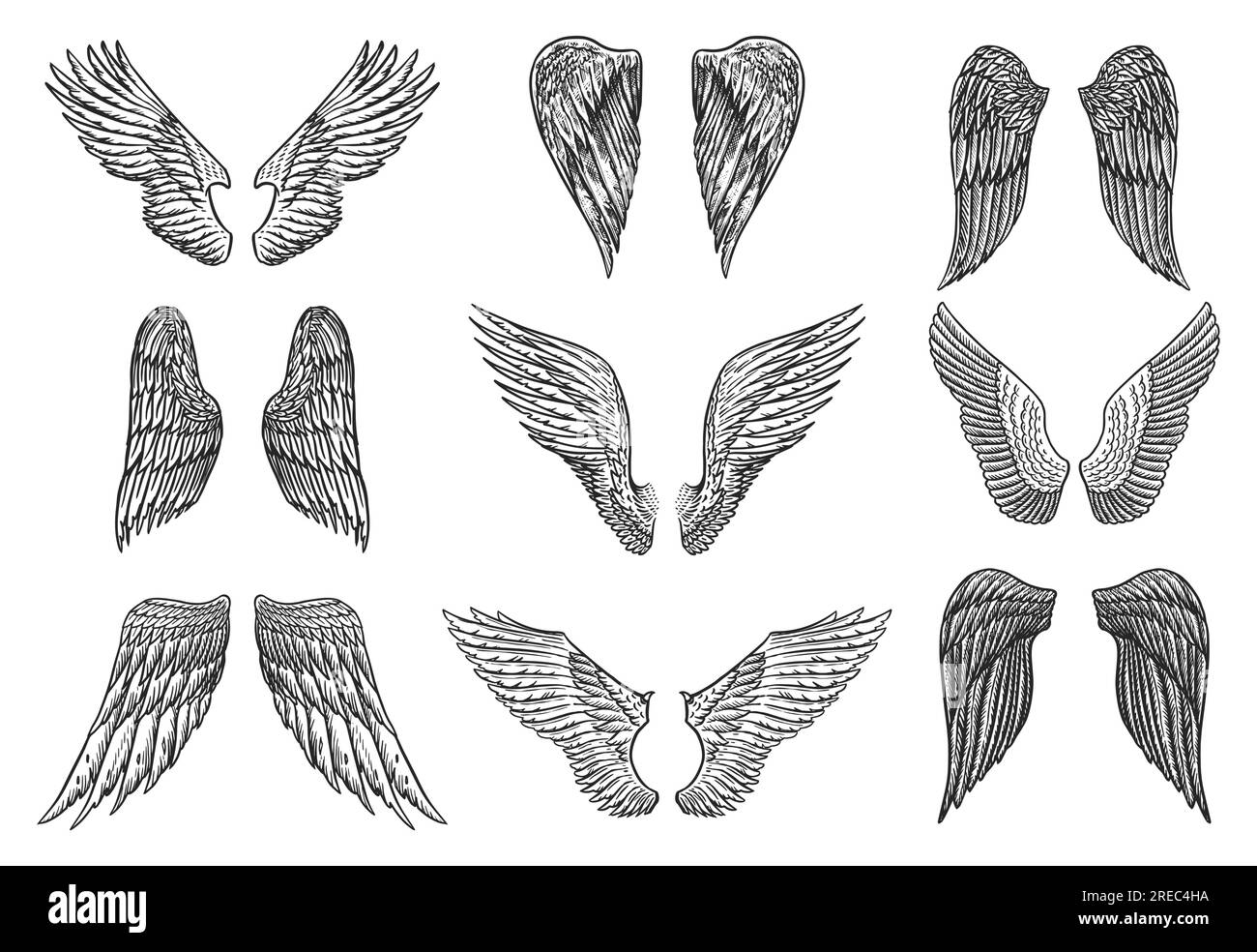 Set of Angel wings in vintage style. Template for tattoo and emblems, t ...