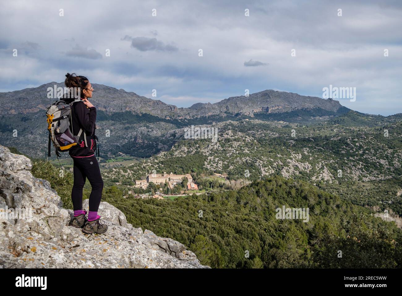 hiker observing the sanctuary of Lluc, Escorca, Mallorca, Balearic ...