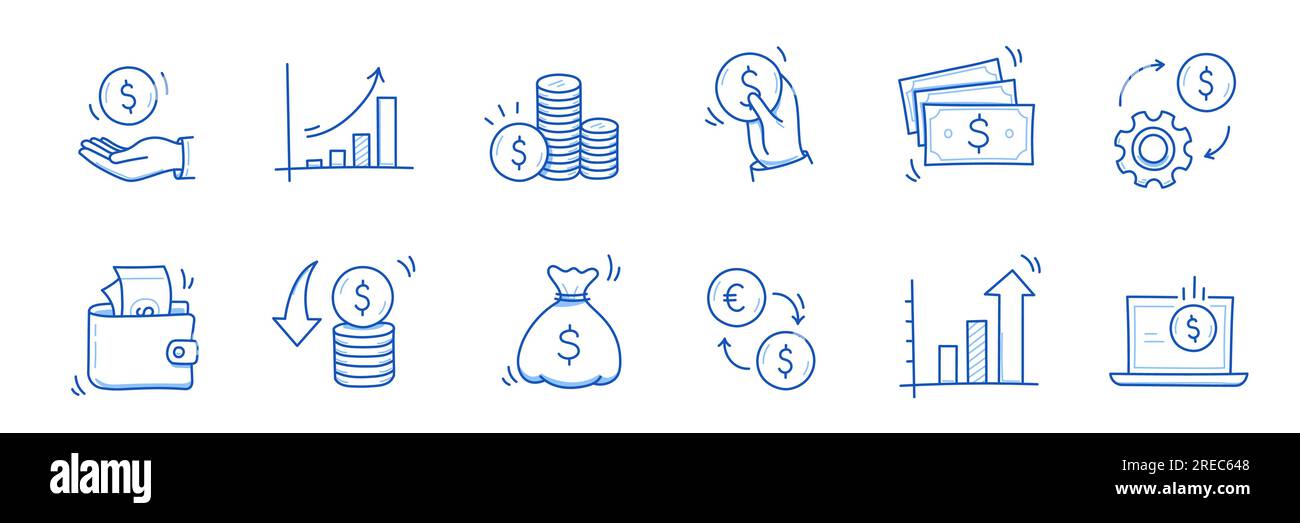 Money cash, coin business doodle icon set. Dollar coin, money profit ...