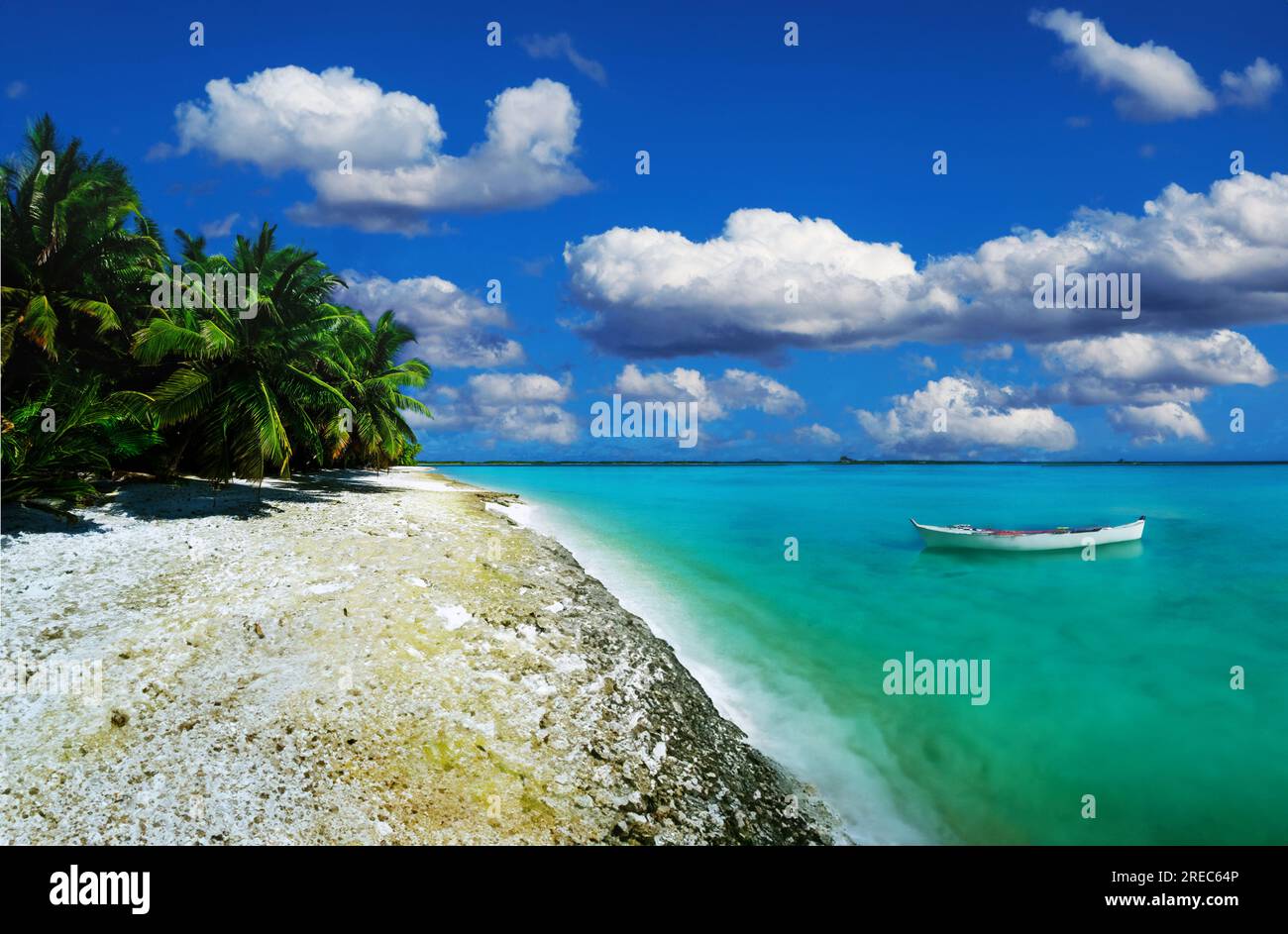 Tropical Landscape Sea Beach With Palm Trees And Small Boat Stock