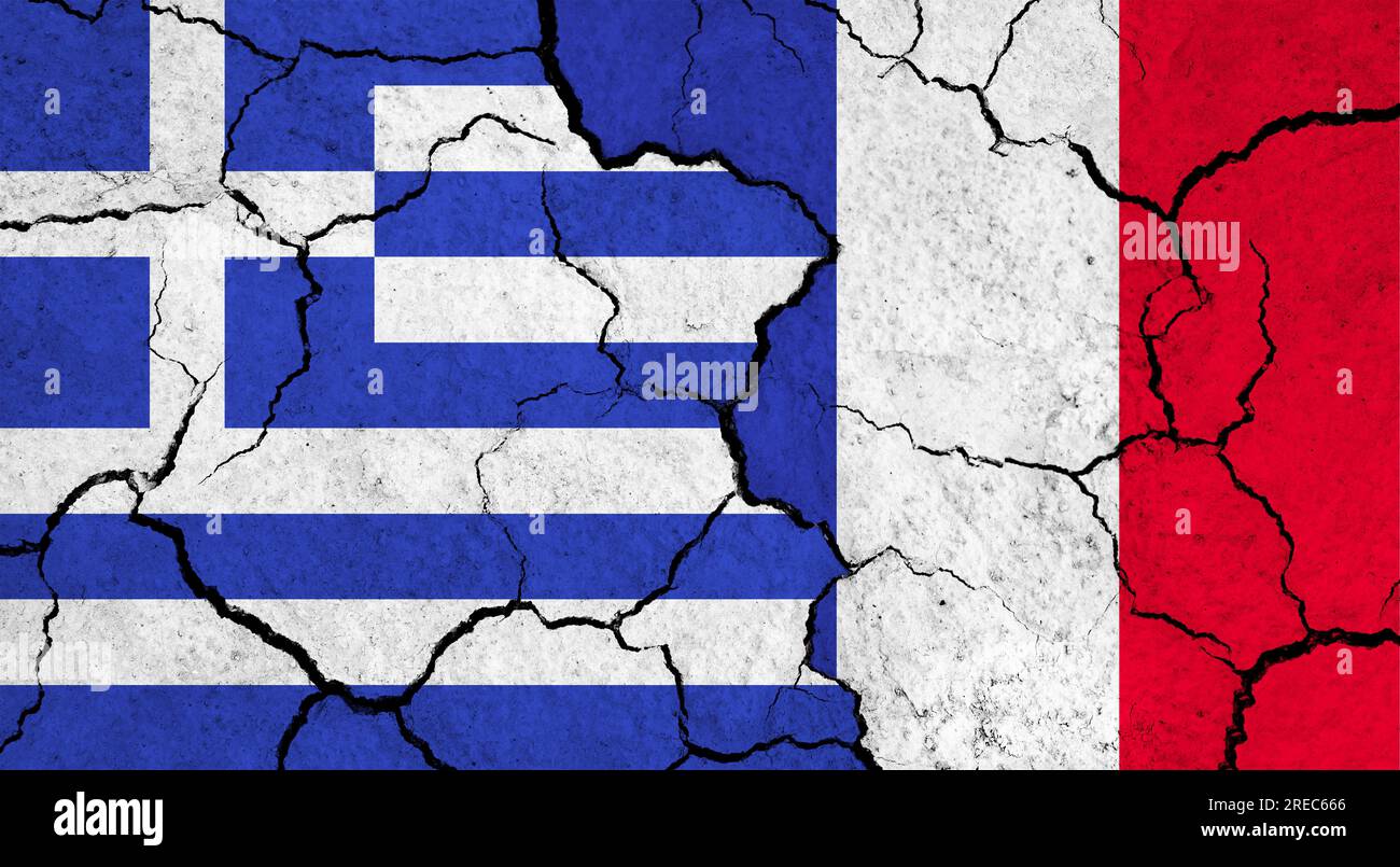 Flags of Greece and France on cracked surface - politics, relationship ...