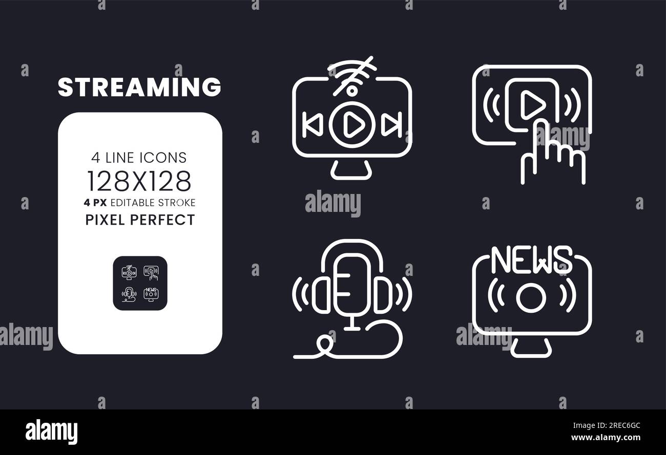 Streaming white linear desktop icons on black Stock Vector Image & Art - Alamy