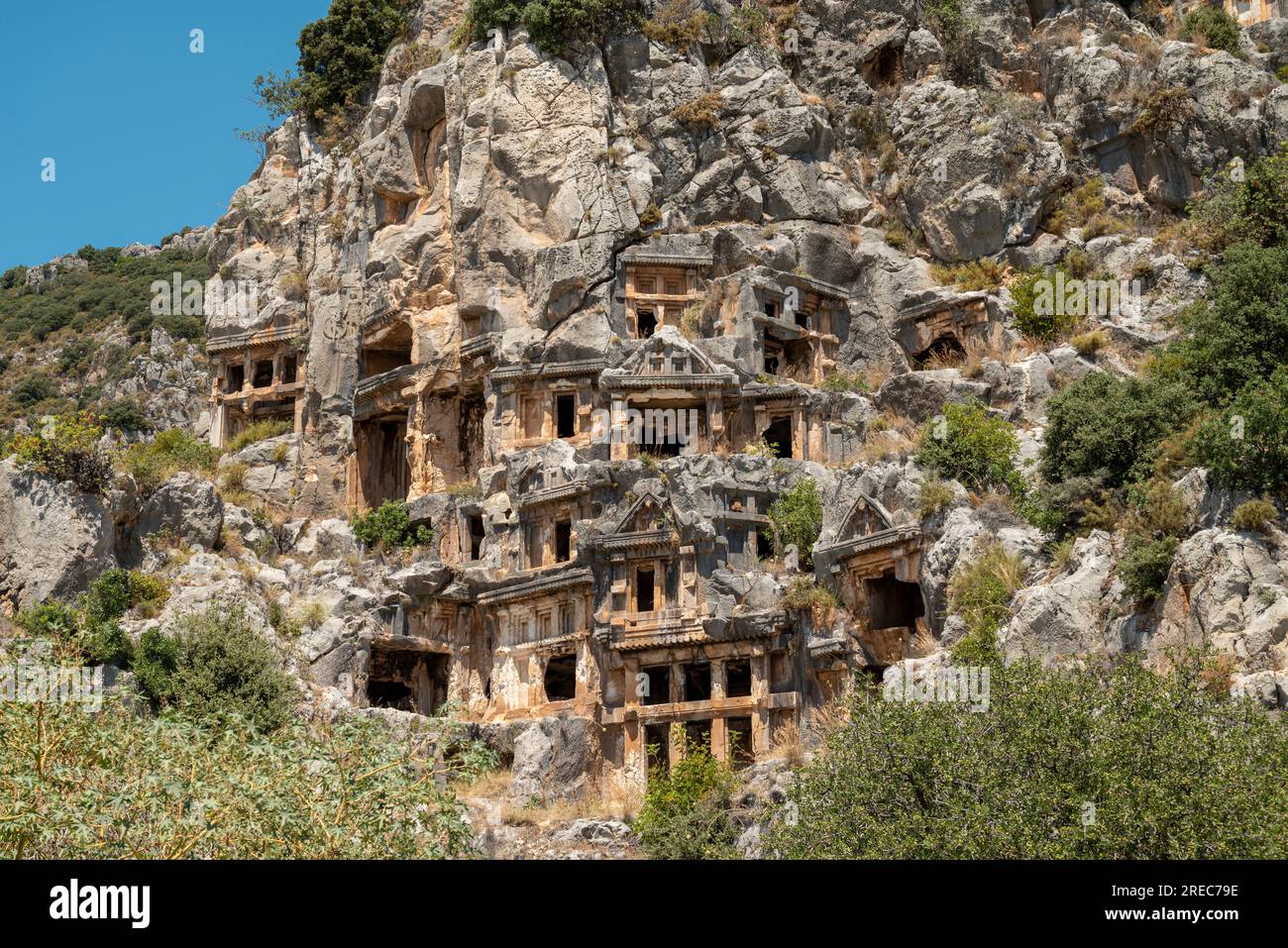 The ruins of the amphitheater and ancient rock tombs in the ancient ...