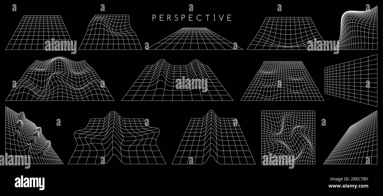 Wireframe retro futuristic perspective grids. Vector set of geometrical blueprint distorted ...
