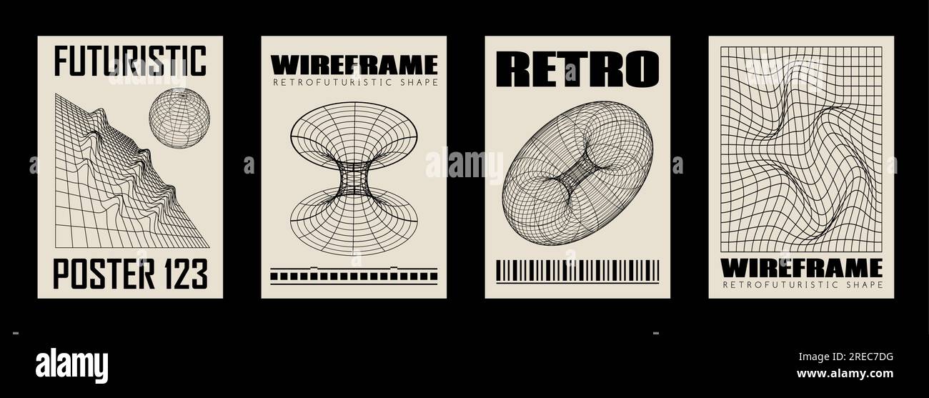 Retro futuristic abstract geometric posters, wall art, t-shirt prints, banners. Wireframe 3d ...