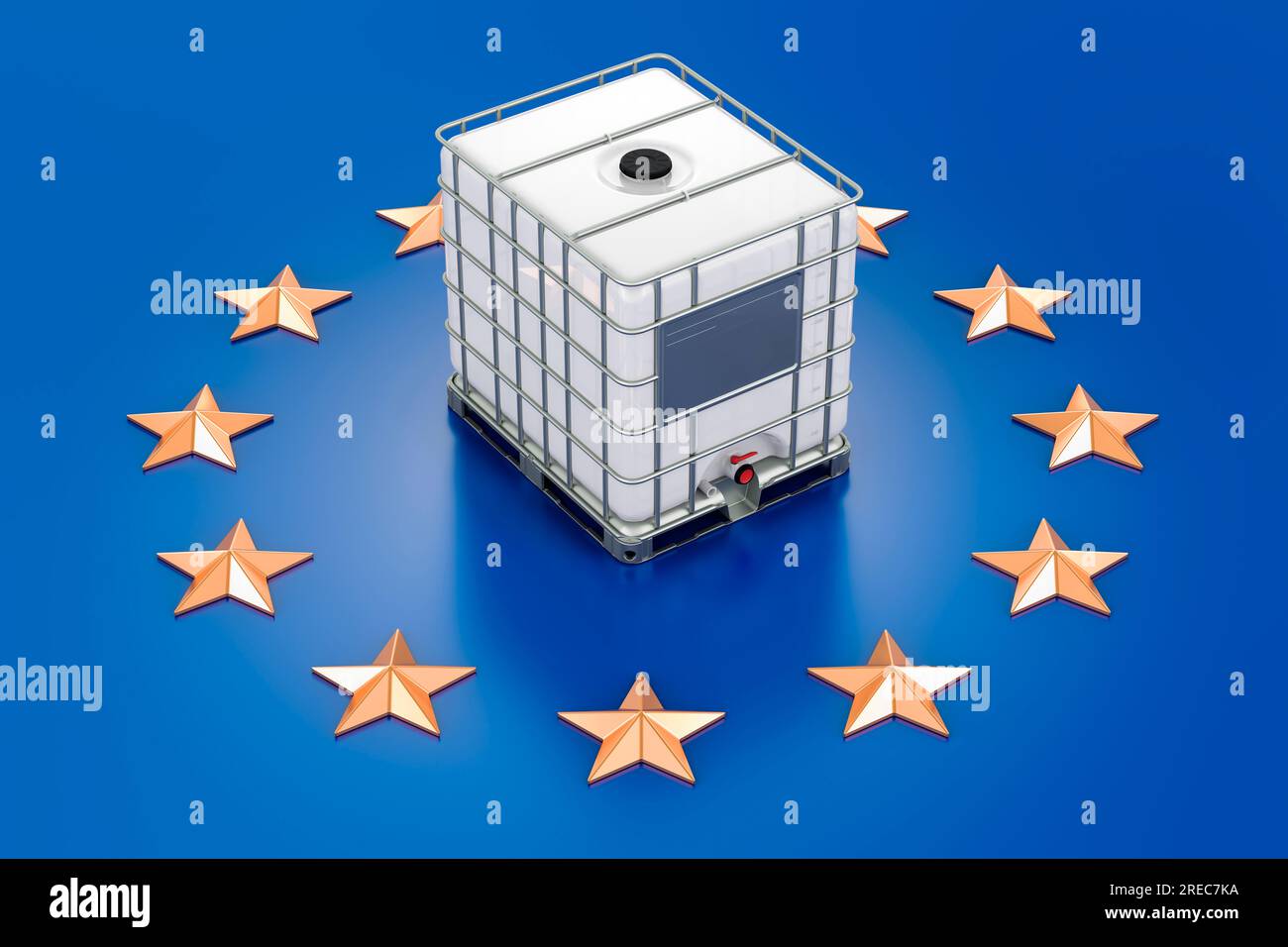 Intermediate bulk container on the European Union flag. 3D rendering ...