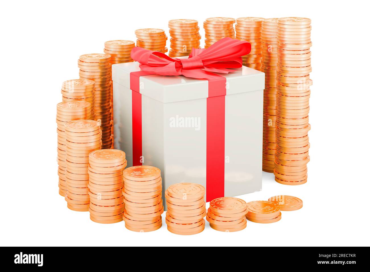 Gift box with growing chart from gold coins around, 3D rendering ...