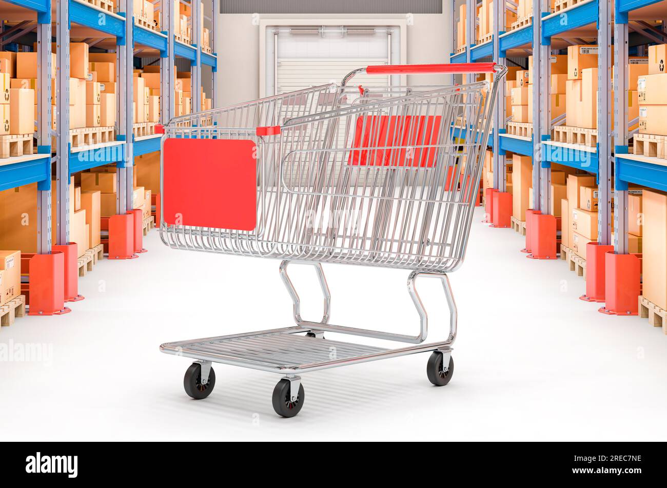 Shopping cart in storehouse, order and delivery concept. 3D rendering ...