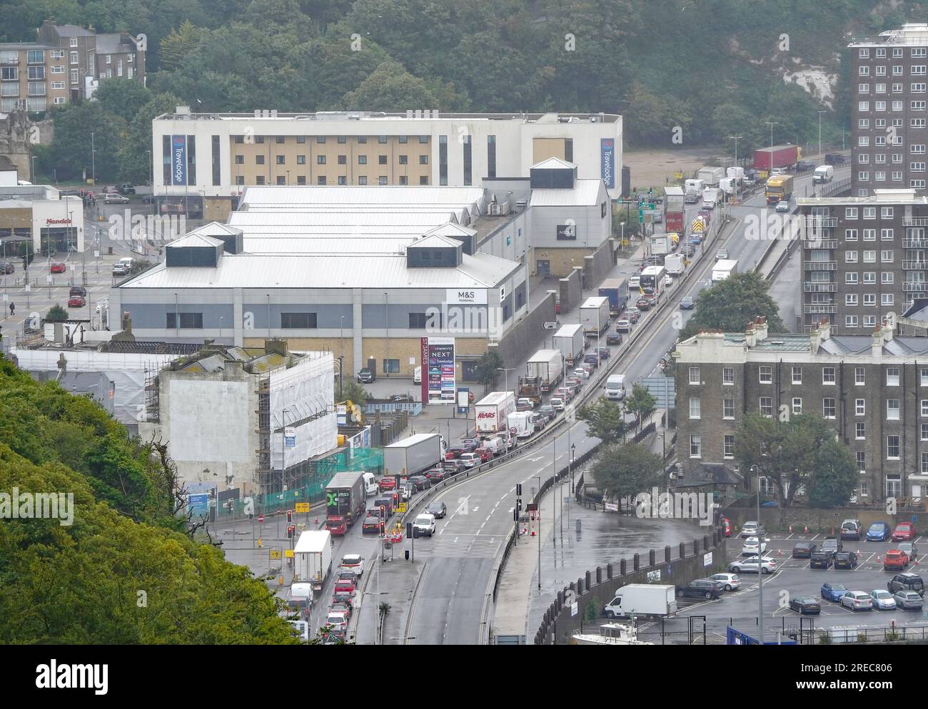 Lorries and cars queue along the A20 towards the Port of Dover, Kent ...