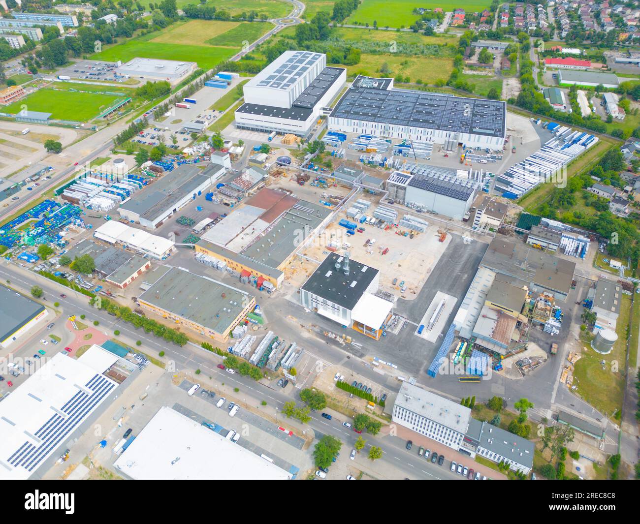 Aerial view of the logistics park with warehouse, loading hub and many ...