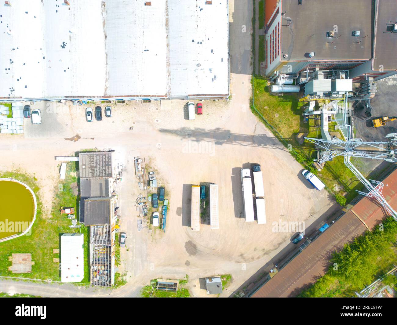 Aerial view of the logistics park with warehouse, loading hub and many ...