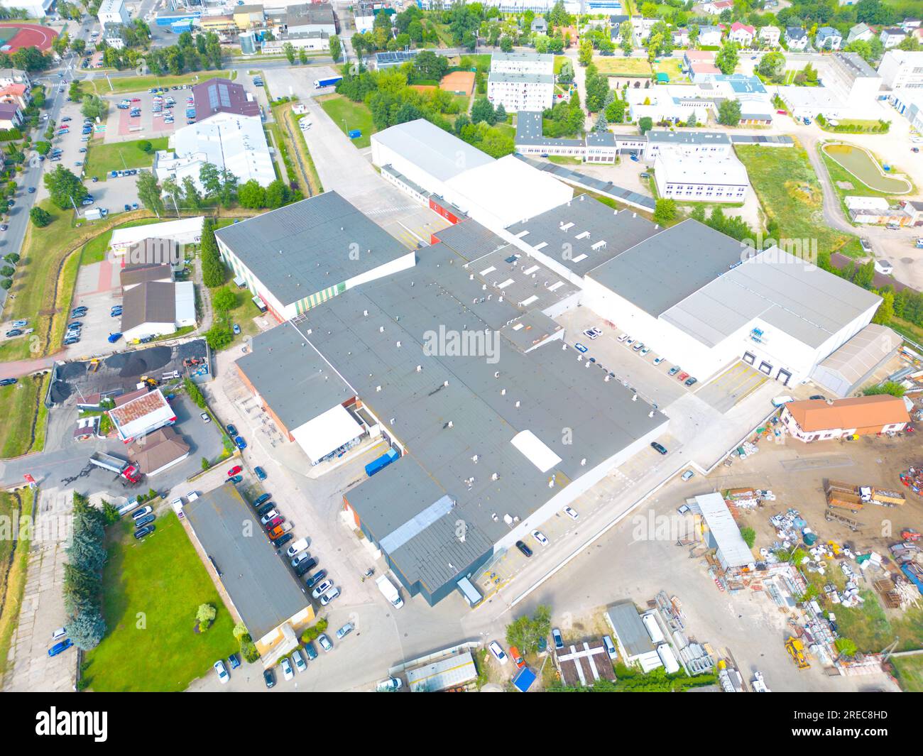 Aerial view of the logistics park with warehouse, loading hub and many ...