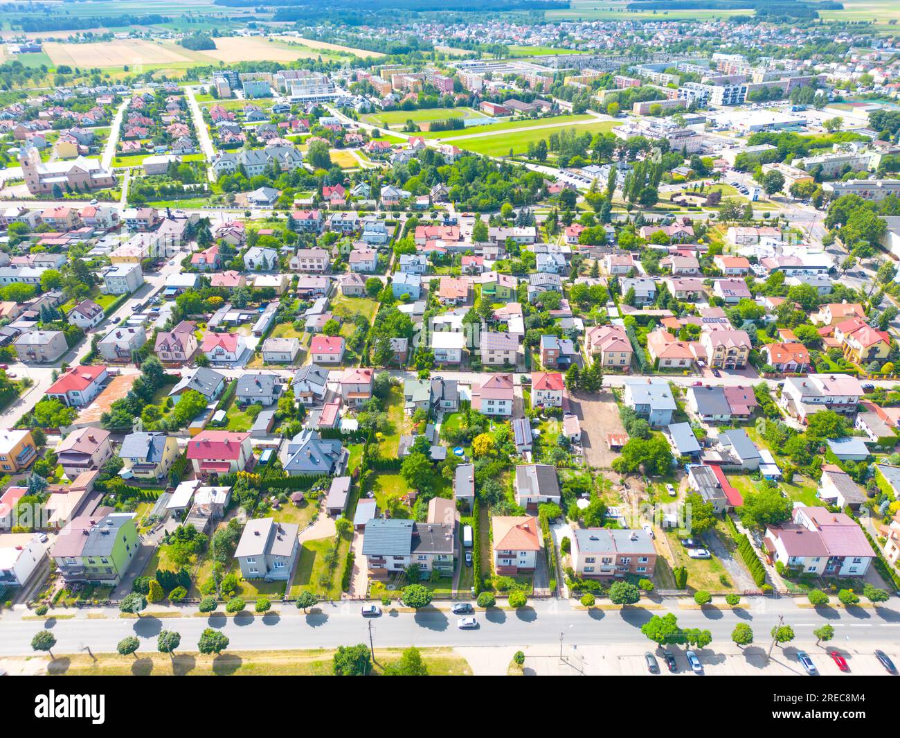 Aerial view of residential houses at spring. neighborhood, suburb. Real ...