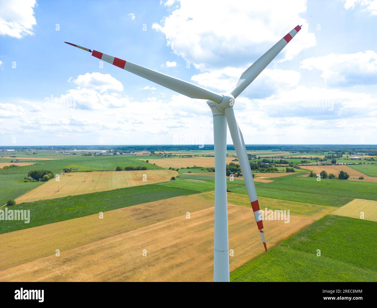 Aerial view of powerful Wind turbine farm for energy production on ...