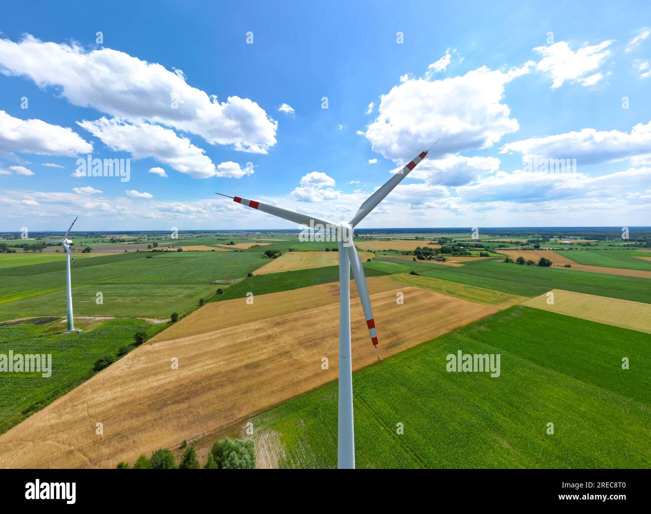 Aerial view of powerful Wind turbine farm for energy production on ...