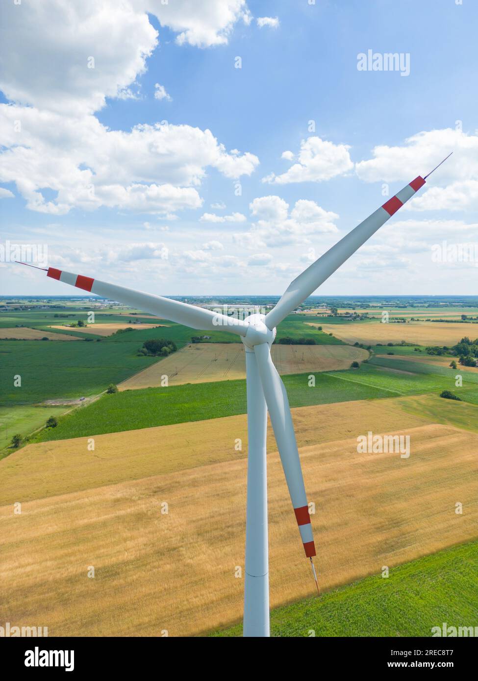 Aerial view of powerful Wind turbine farm for energy production on ...
