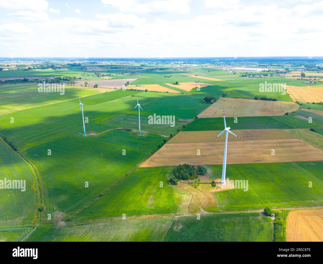 Aerial view of powerful Wind turbine farm for energy production on ...