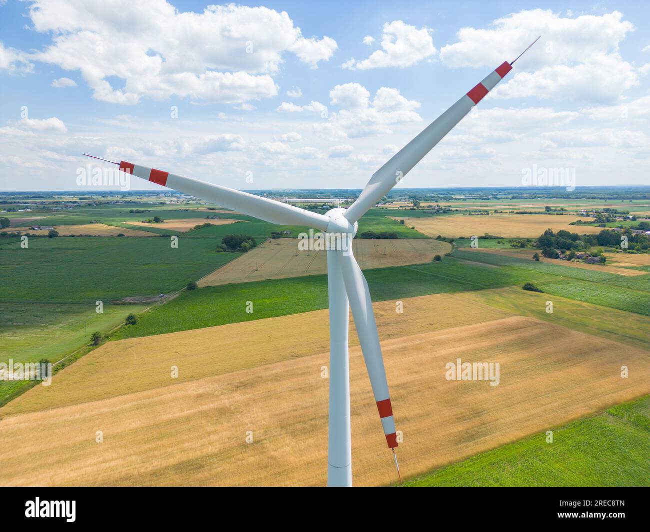 Aerial view of powerful Wind turbine farm for energy production on ...