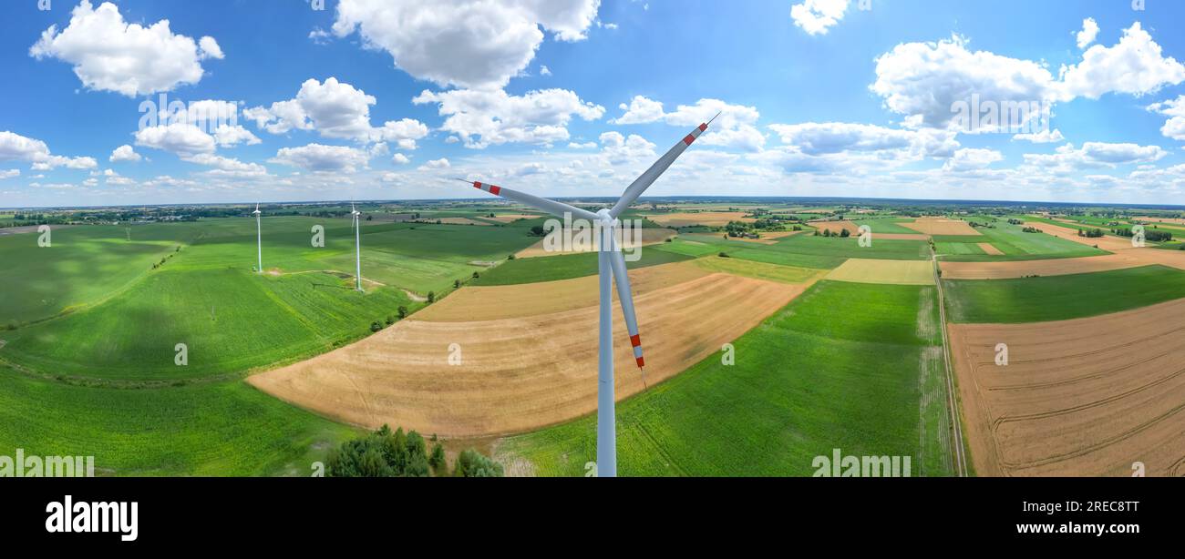 Aerial view of powerful Wind turbine farm for energy production on ...