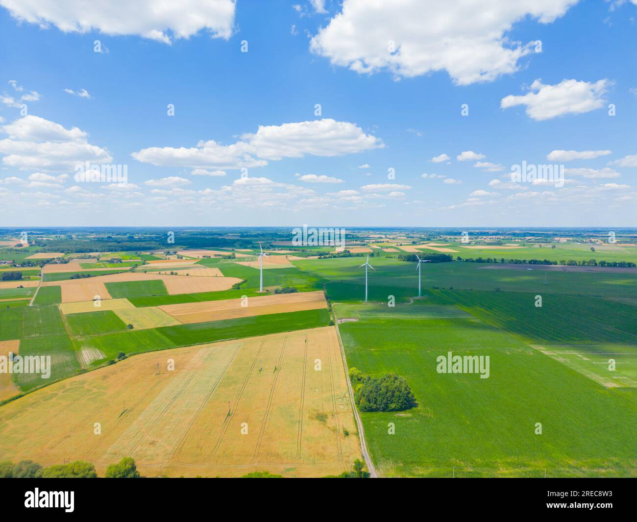 Aerial view of powerful Wind turbine farm for energy production on ...