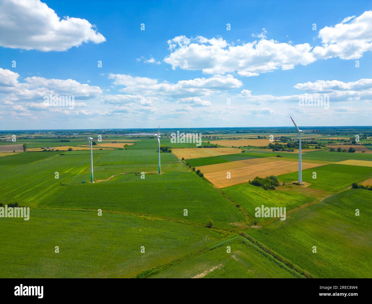 Aerial view of powerful Wind turbine farm for energy production on ...
