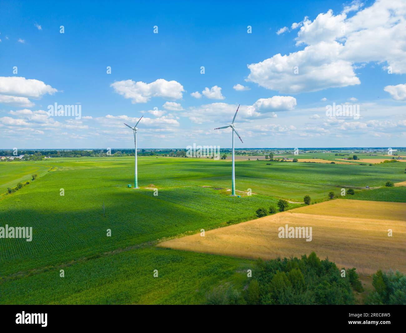 Aerial view of powerful Wind turbine farm for energy production on ...