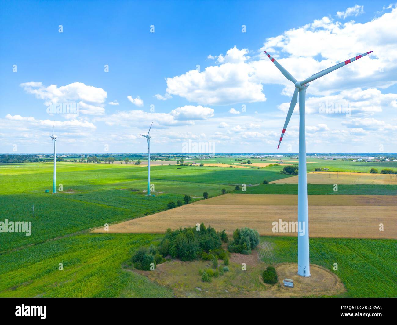 Aerial view of powerful Wind turbine farm for energy production on ...