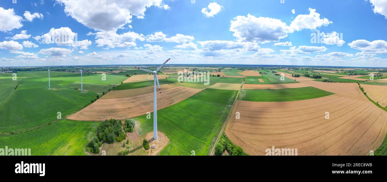 Aerial view of powerful Wind turbine farm for energy production on ...