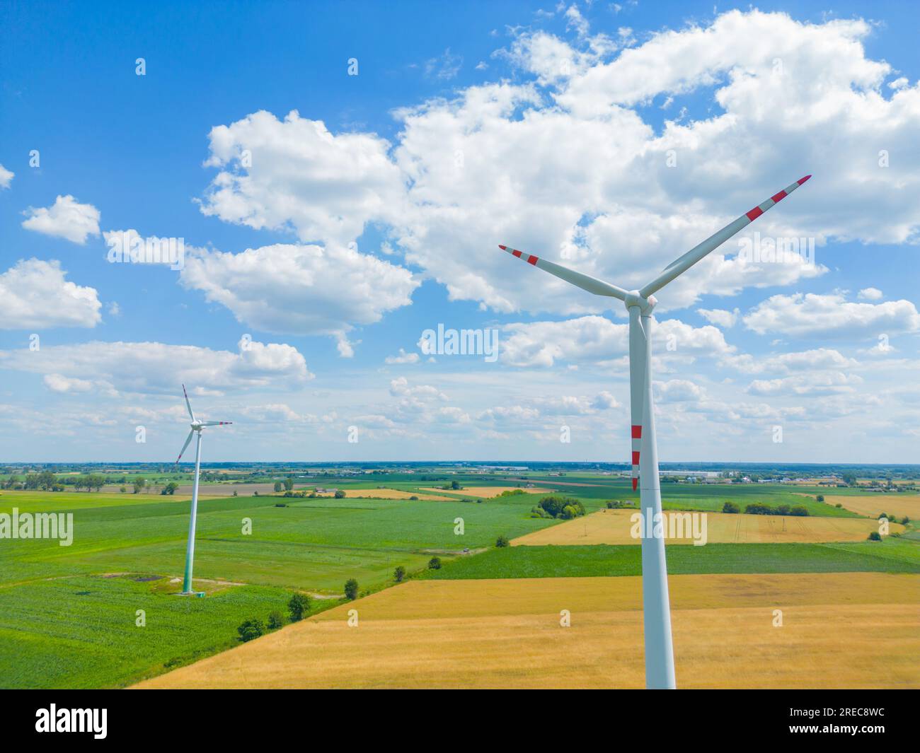 Aerial view of powerful Wind turbine farm for energy production on ...