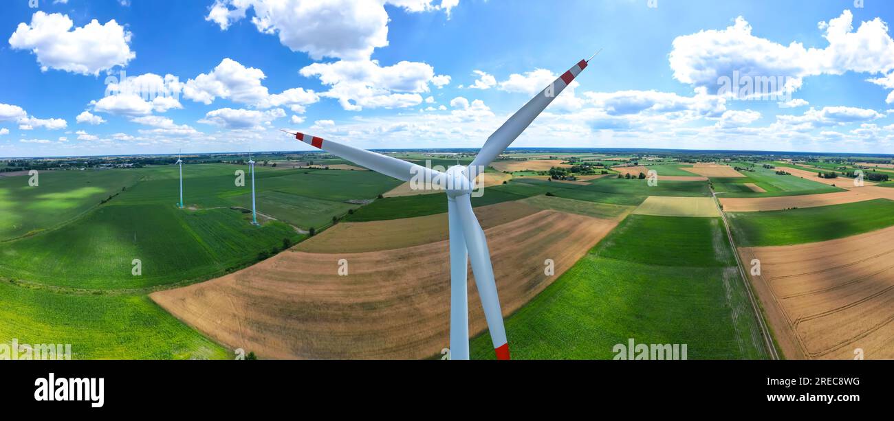 Aerial view of powerful Wind turbine farm for energy production on ...