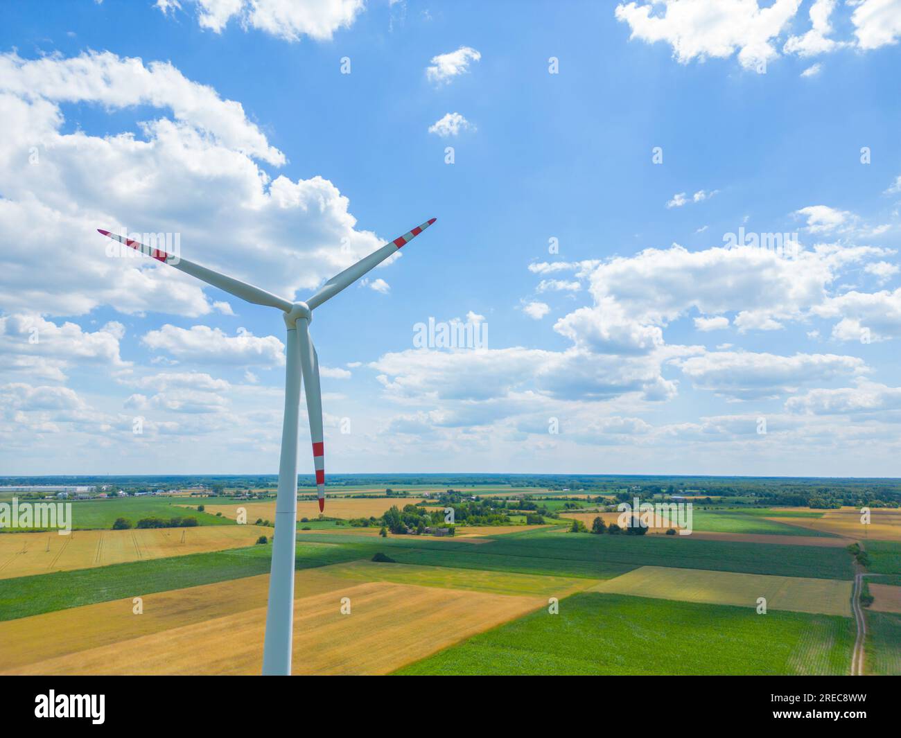 Aerial view of powerful Wind turbine farm for energy production on ...