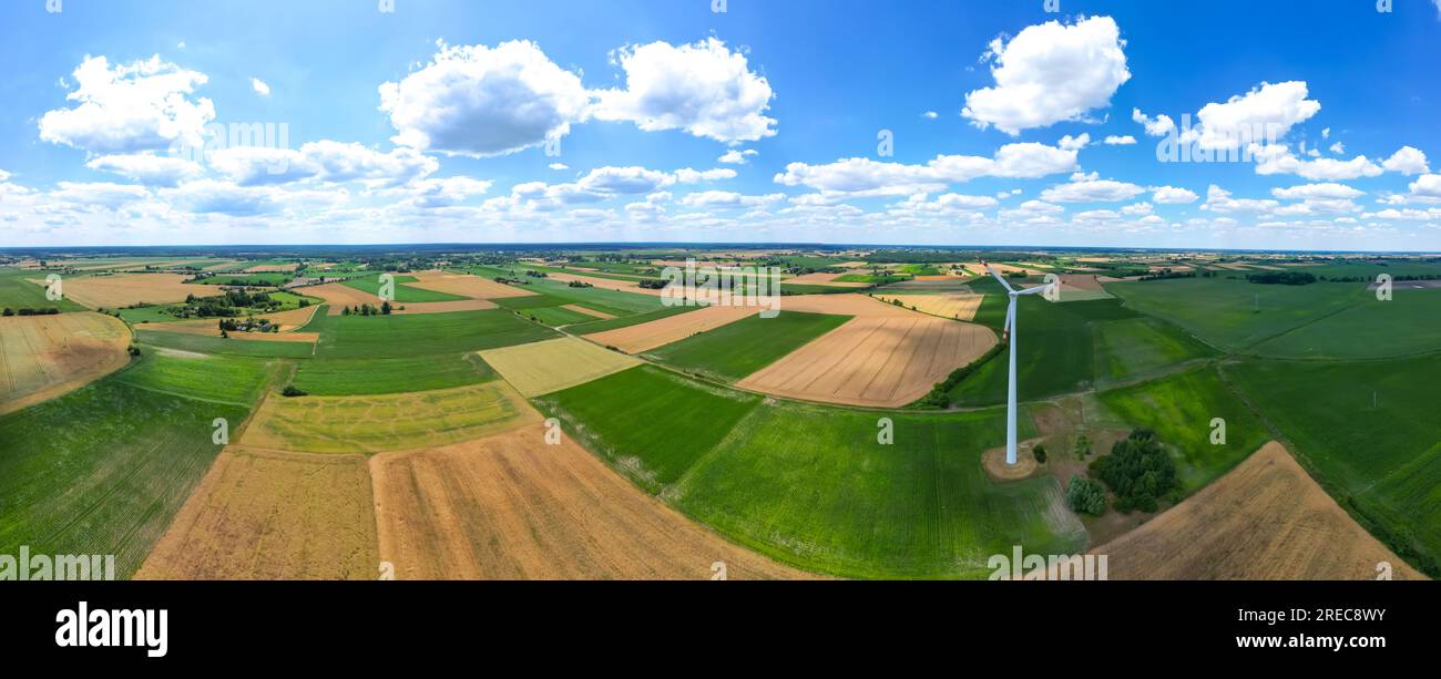 Aerial view of powerful Wind turbine farm for energy production on ...