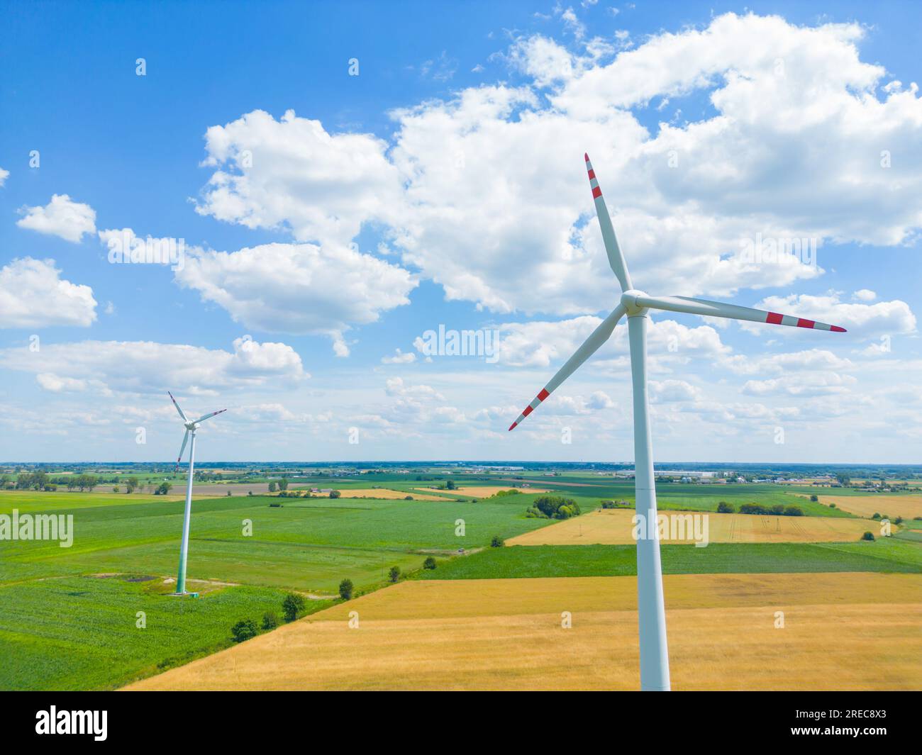 Aerial view of powerful Wind turbine farm for energy production on ...