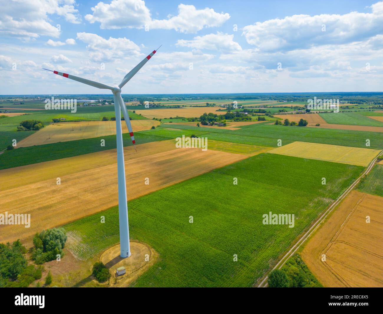 Aerial view of powerful Wind turbine farm for energy production on ...