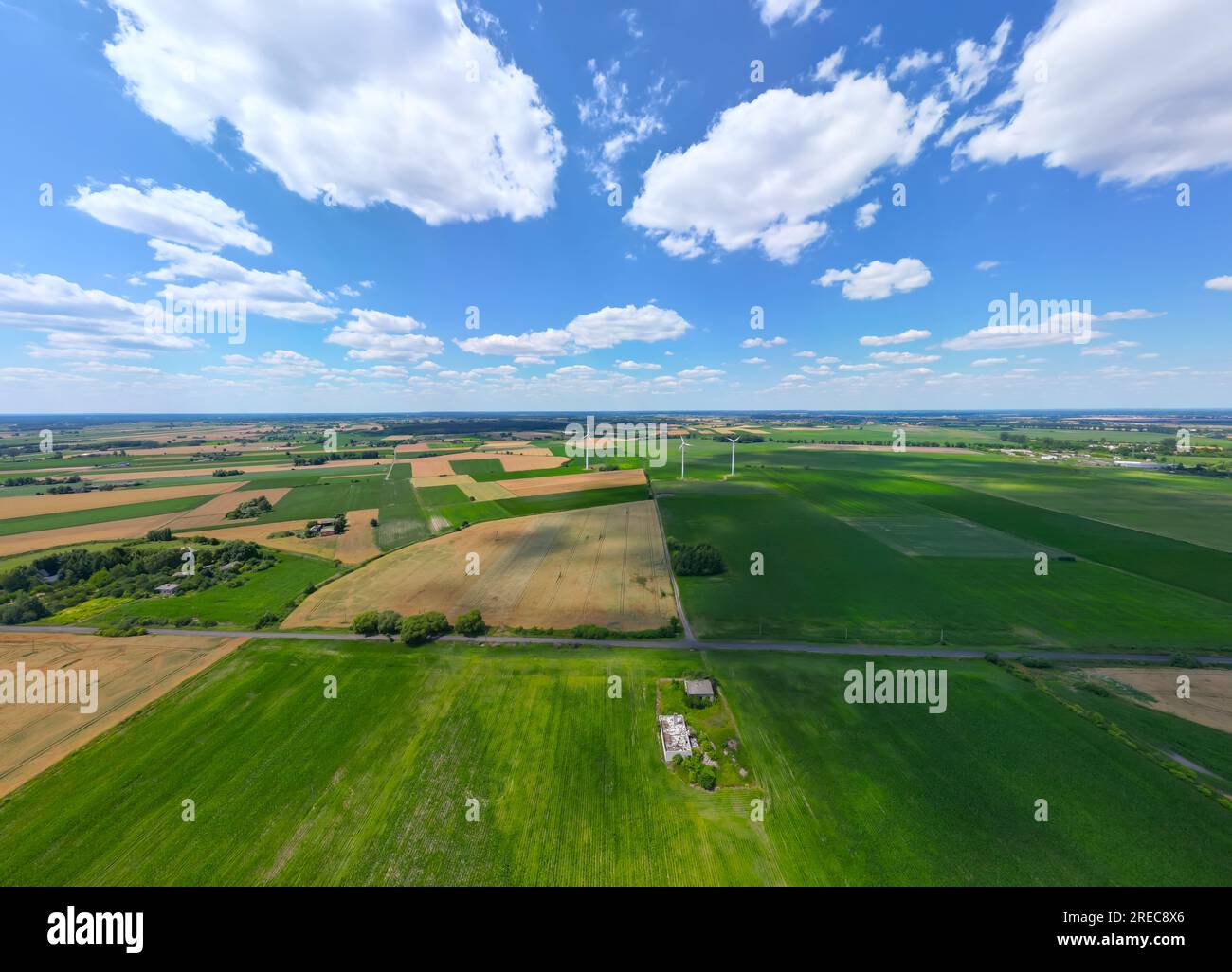 Aerial view of powerful Wind turbine farm for energy production on ...