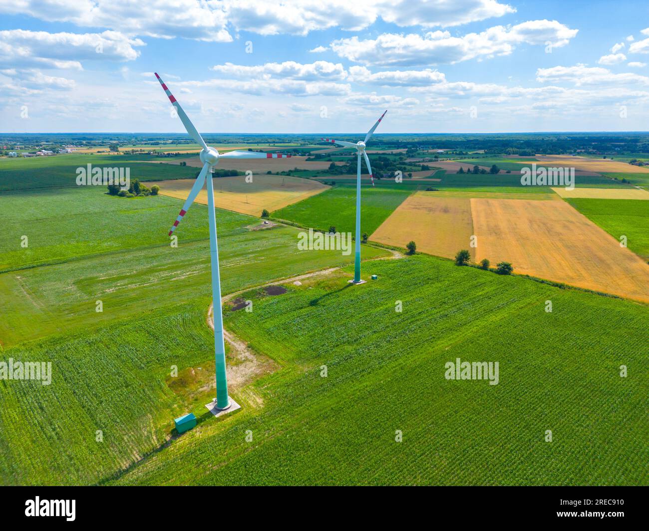 Aerial view of powerful Wind turbine farm for energy production on ...