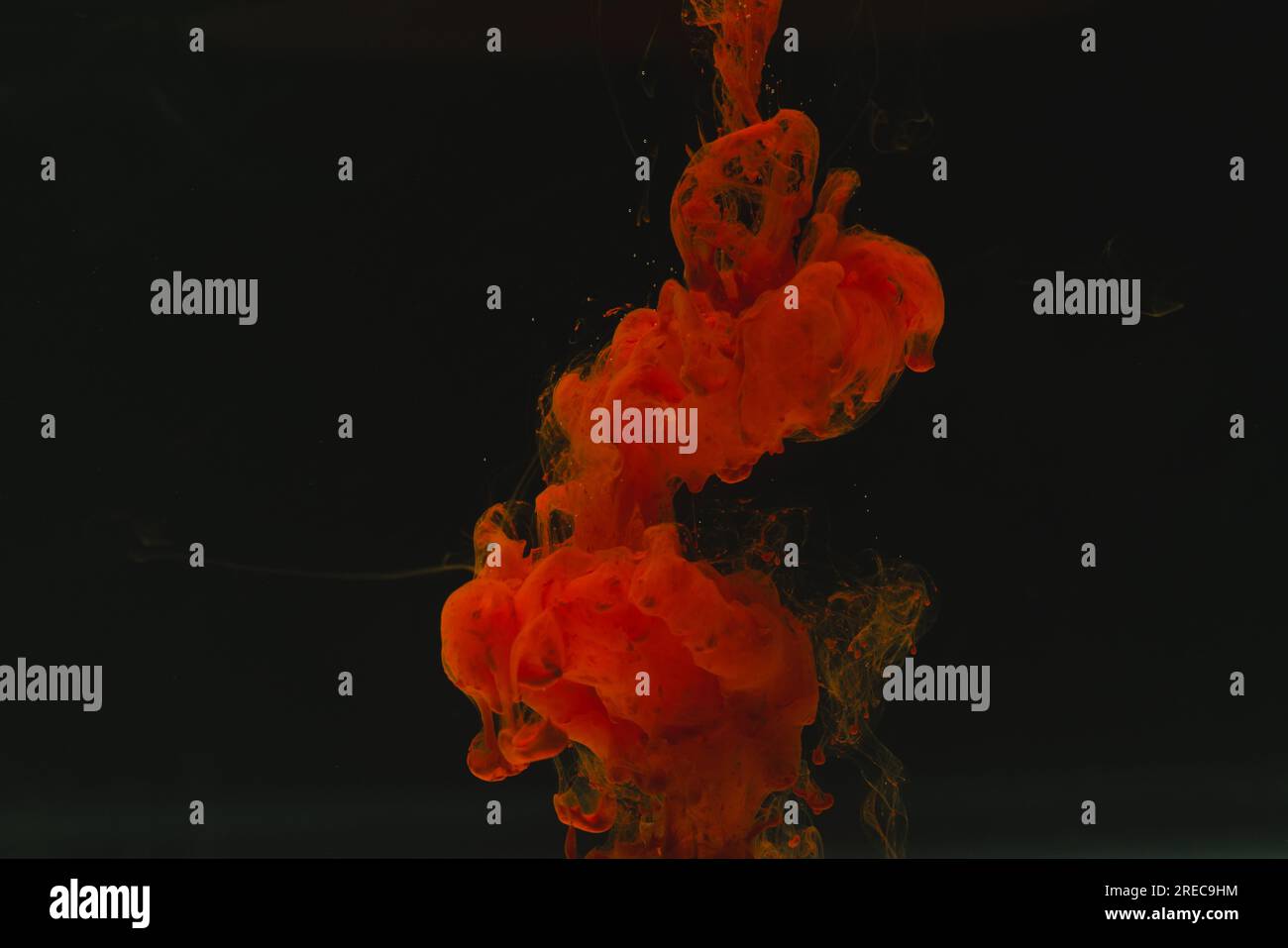 Close up of bright red ink in water with copy space on black background ...