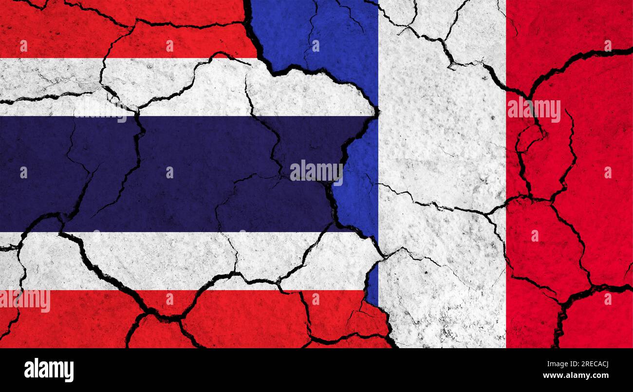 Flags of Thailand and France on cracked surface - politics ...