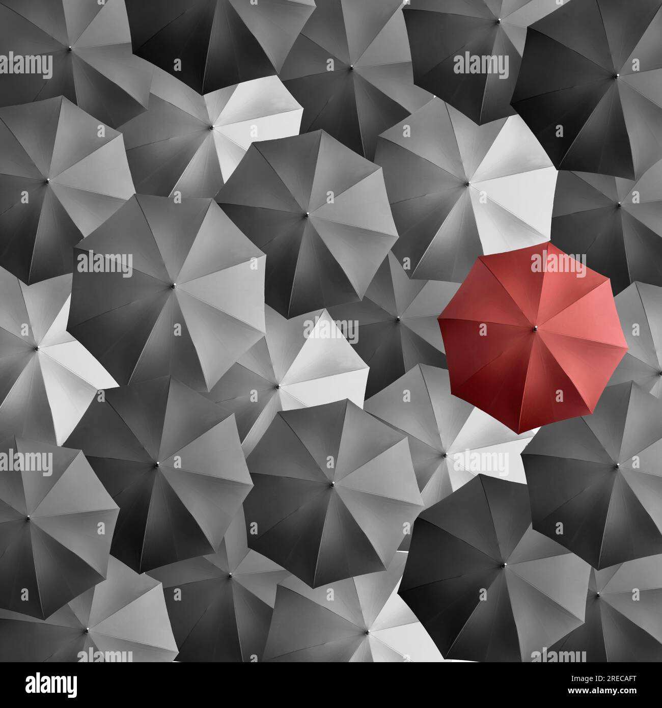 Highlighted red umbrella among multiple colourful umbrellas forming a ...