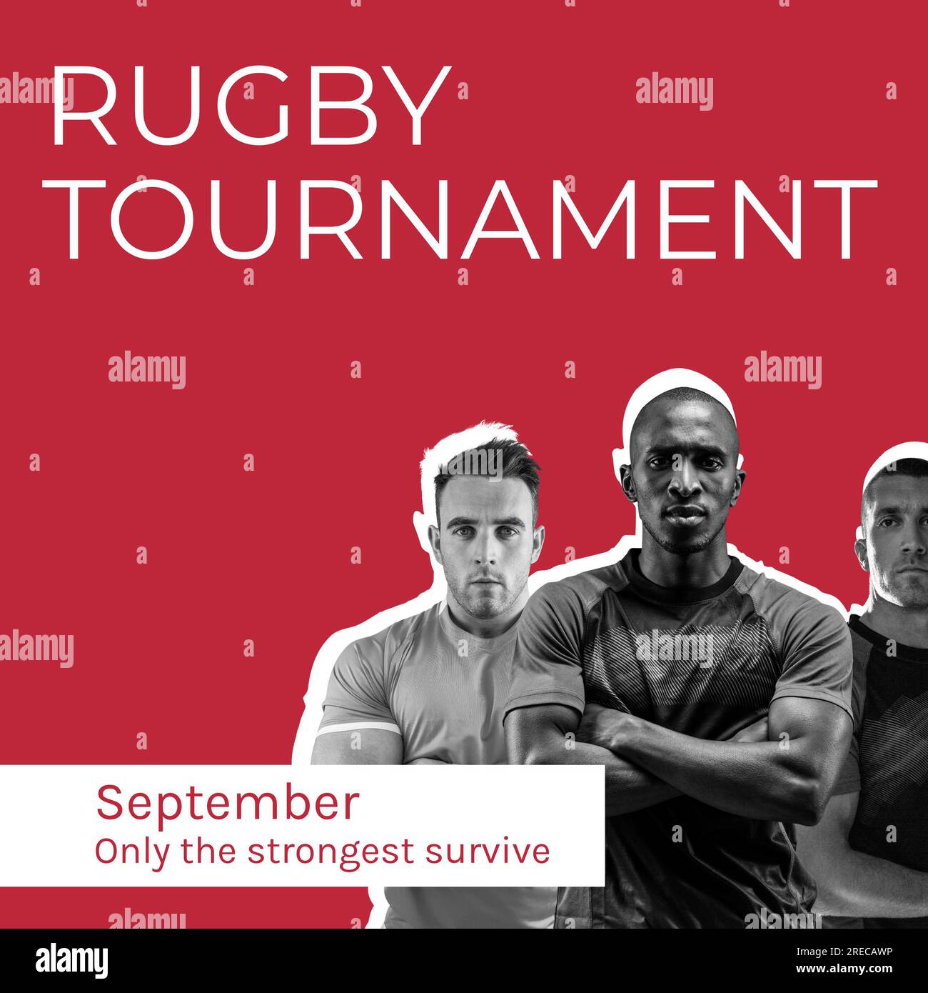 Rugby tournament text in white on red with three diverse male rugby ...