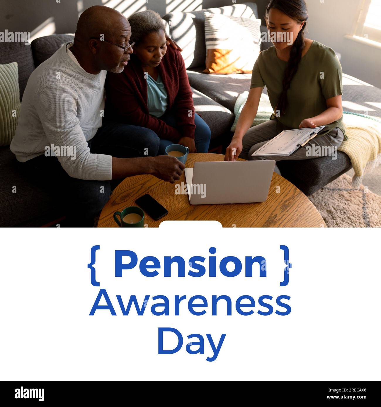 Pension awareness day text and happy diverse senior couple and female ...