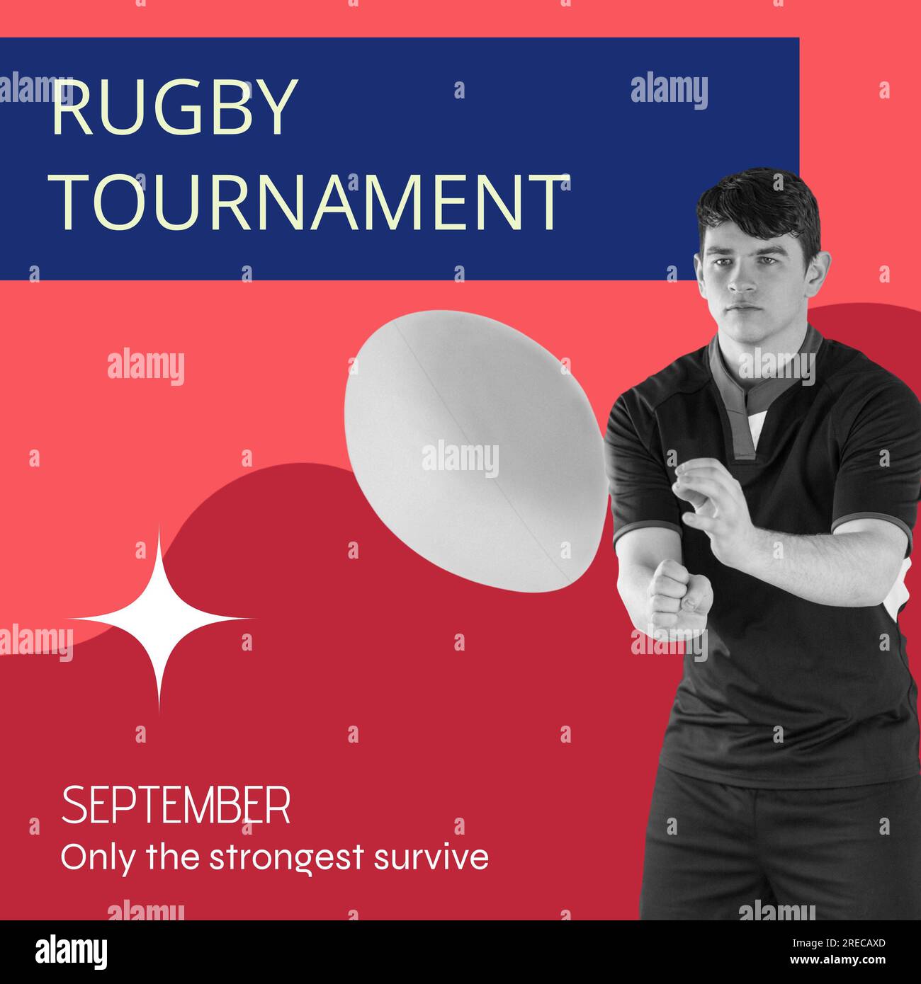 Rugby tournament text in white on blue and red with caucasian male ...
