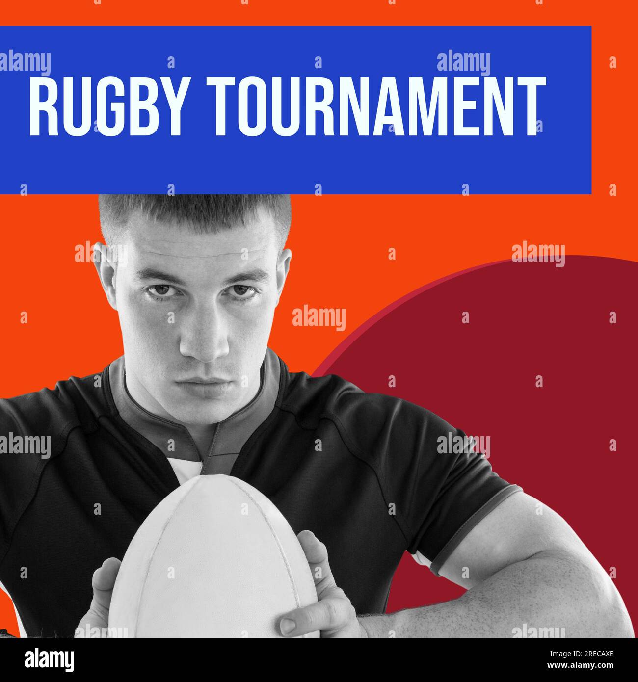 Rugby tournament text in white on blue and red with caucasian male ...