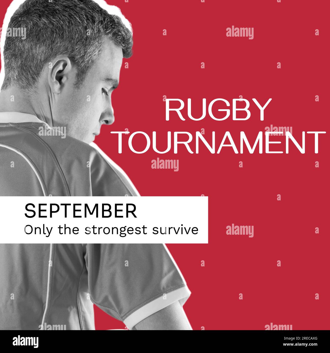 Rugby tournament text in white on red with caucasian male rugby player ...