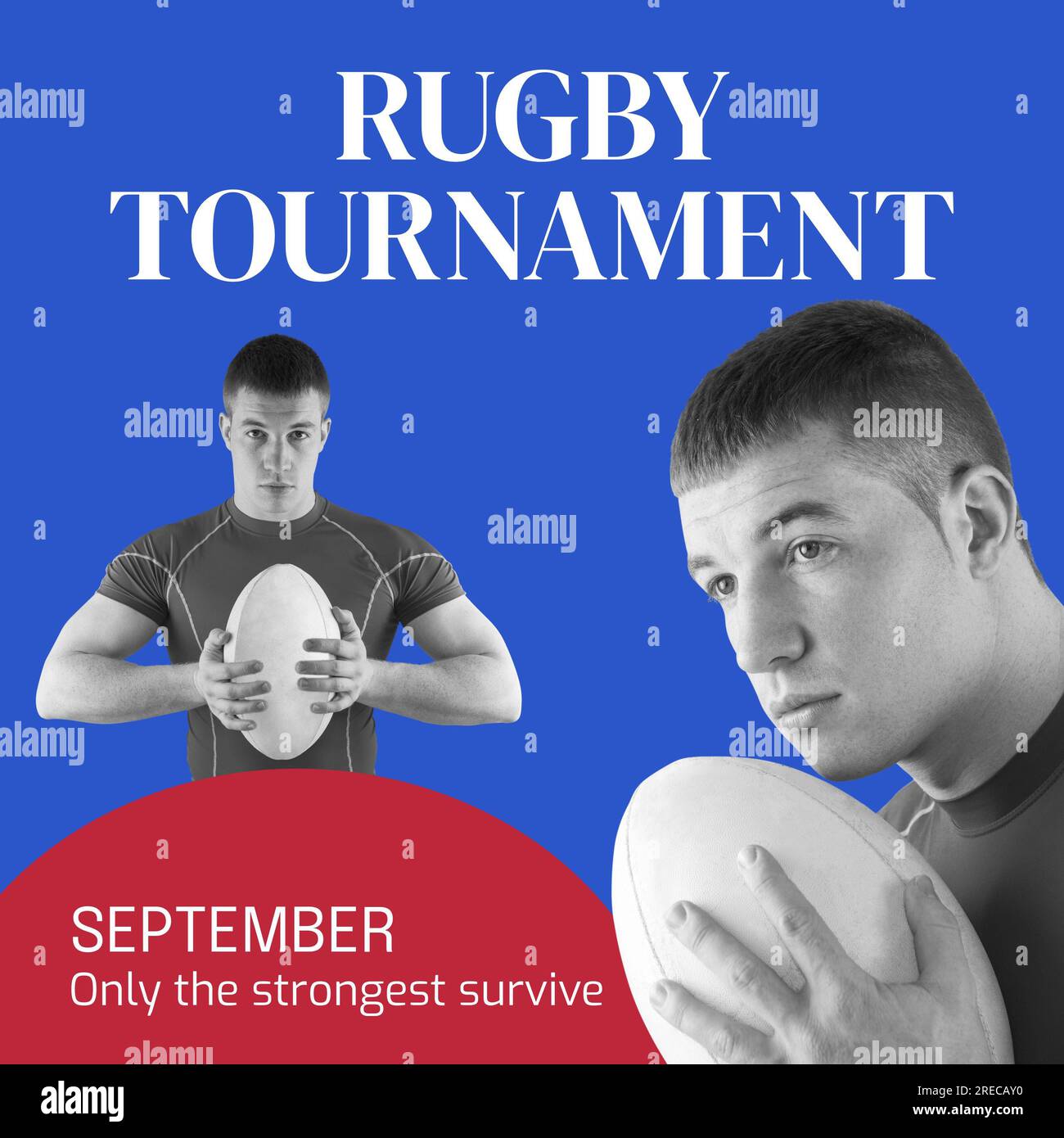 Rugby tournament text in white on blue with caucasian male rugby player ...