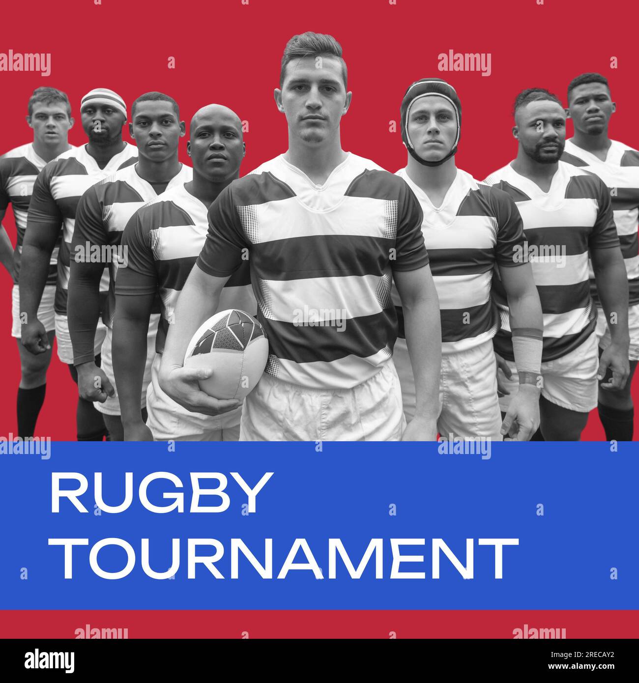 Rugby tournament text in white on blue and red with diverse male rugby ...